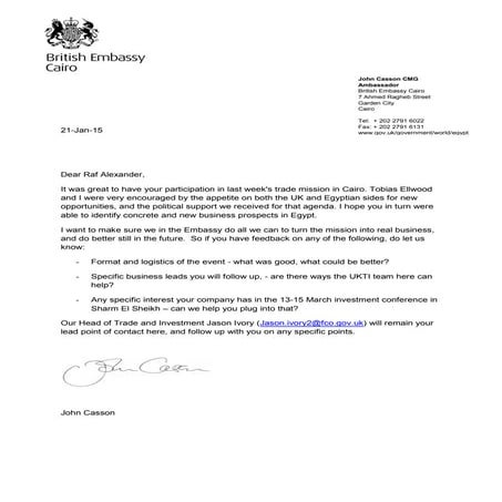 Thank you Letter to trade delegates - Raf Alexander | PDF