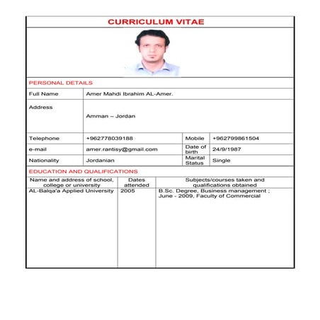 amer cv | DOC | Business | Business and Finance