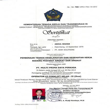 Certificate OPERATOR K3 KERAN OVER HEAD | PDF