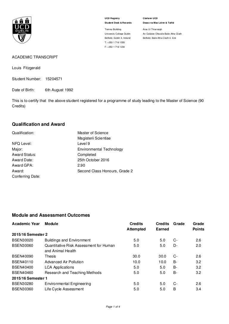 Academic Transcript for Masters