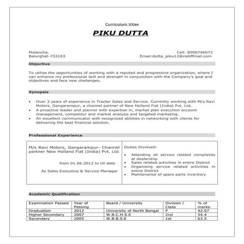 CV_Piku Dutta(FRESH) | DOC | Business | Business and Finance