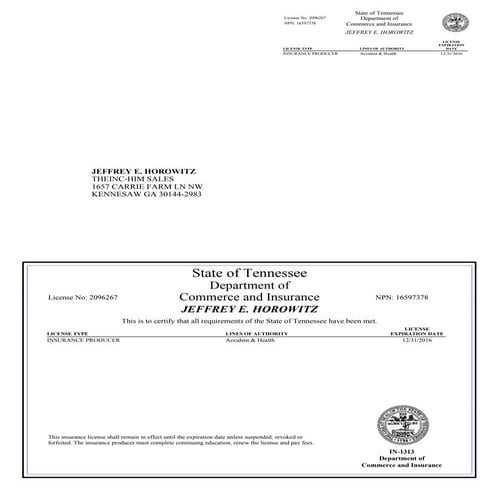 Tennessee Life and Health Insurance License | PDF