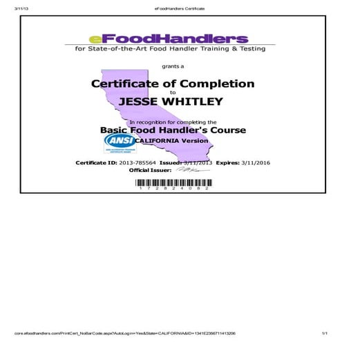 eFoodHandlers Certificate | PDF