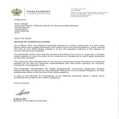 Parliament. Motion of Congratulations Letter.NICD.250515 | PDF