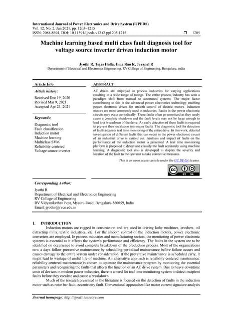 Machine Learning Based Multi Class Fault Diagnosis Tool For Voltage Source Inverter Driven