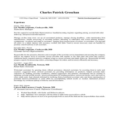 Charles Patrick Groschan resume 2016 | DOCX
