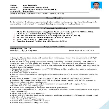 RESUME QA QC ENGG | DOCX