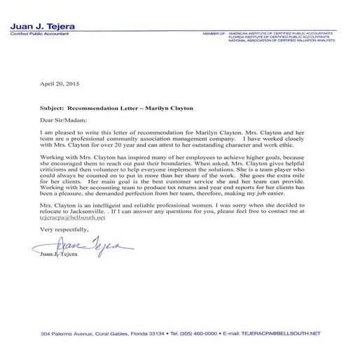 Recommendtion Letter Juan Tejera CPA | PDF