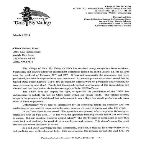Taos Ski Valley mayor's letter to the United States Forest Service | PDF