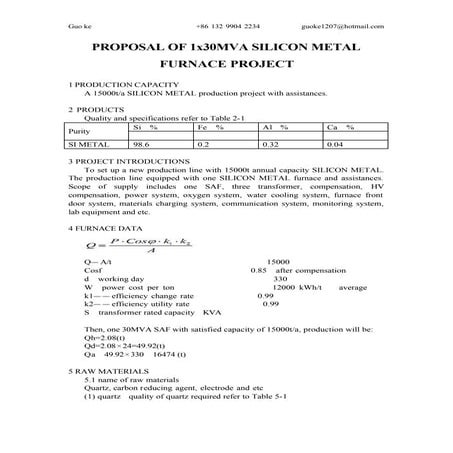 PROPOSAL OF 1x30MVA SILICON METAL FURNACE PROJECT | PDF