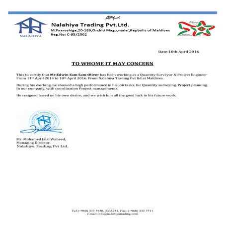 Construction supervisor experience letter