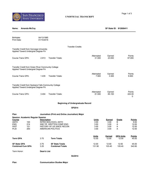 San Francisco City College Transcript | PDF