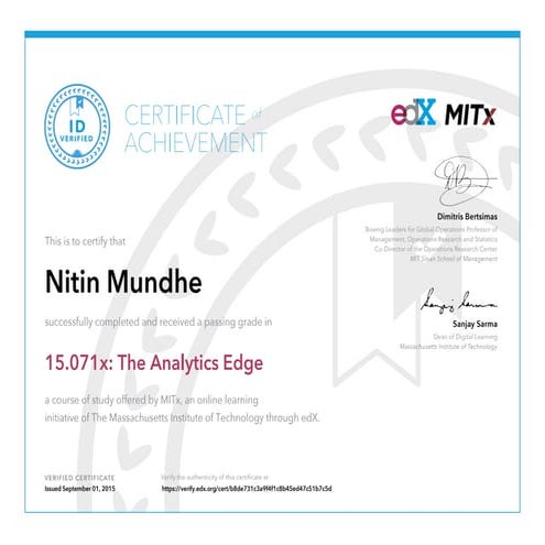 Verifiable Analytics Edge Certificate | PPT