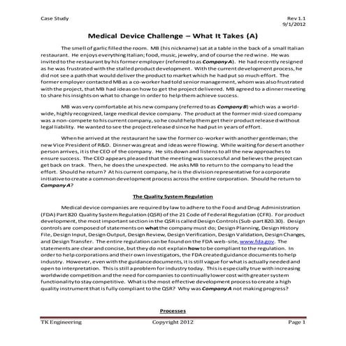 Case Study Medical Device Challenge Part A | DOCX