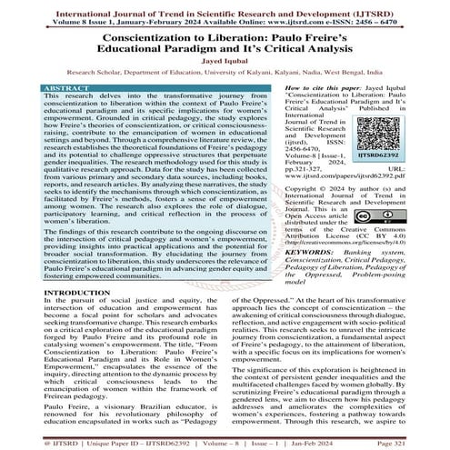 Conscientization to Liberation Paulo Freire’s Educational Paradigm and It’s Critical Analysis | PDF