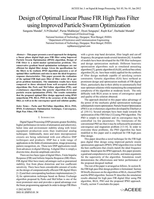 Design Of Optimal Linear Phase Fir High Pass Filter Using Improved Particle Swarm Optimization