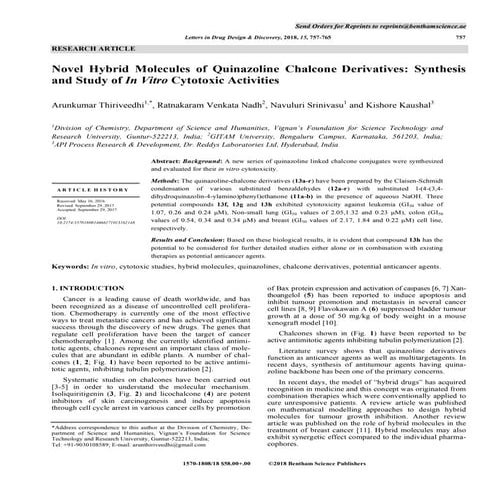 Novel Hybrid Molecules of Quinazoline Chalcone Derivatives: Synthesis and Study of In Vitro ...