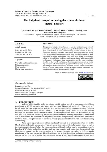 Herbal plant leaves classification for traditional medicine using convolutional neural network | PDF