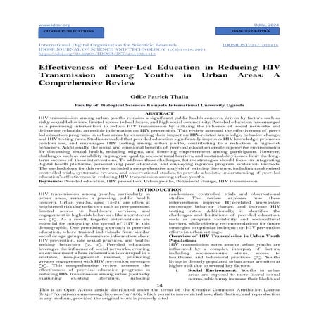 Effectiveness of Peer-Led Education in Reducing HIV Transmission among Youths in Urban Areas: A ...