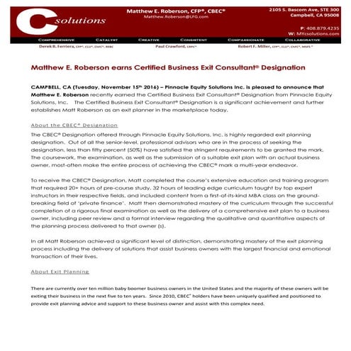 News Release--Matt E Roberson - CBEC | PDF