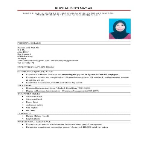 RESUME-RUZILAH BT MAT AIL 2016 | DOC