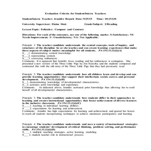 Student Teaching Observation Evaluation #1 | DOCX