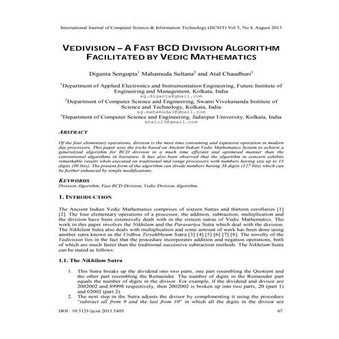 VEDIVISION – A FAST BCD DIVISION ALGORITHM FACILITATED BY VEDIC MATHEMATICS | PDF