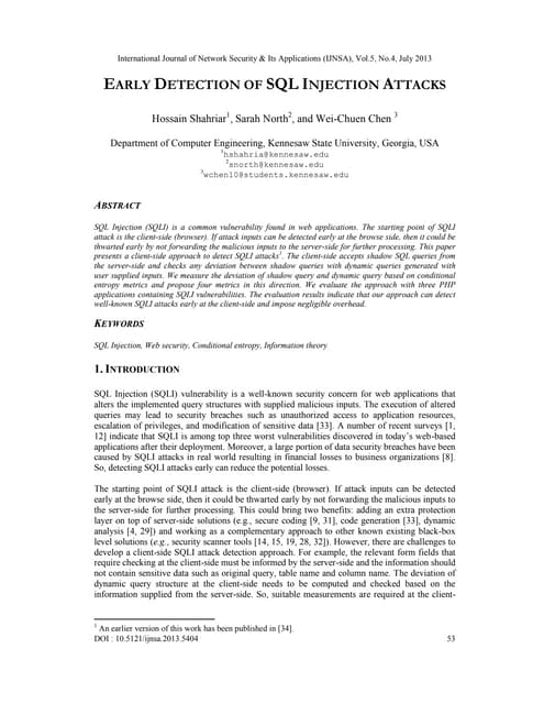 EARLY DETECTION OF SQL INJECTION ATTACKS | PDF EARLY DETECTION OF SQL INJECTION ATTACKS | PDF