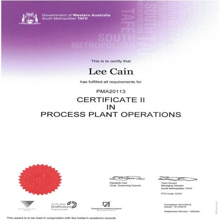 Certificate II in Process Plant Operations - Lee Cain | PDF