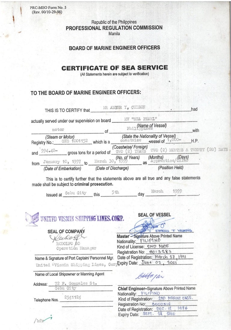 Certificate of sea service