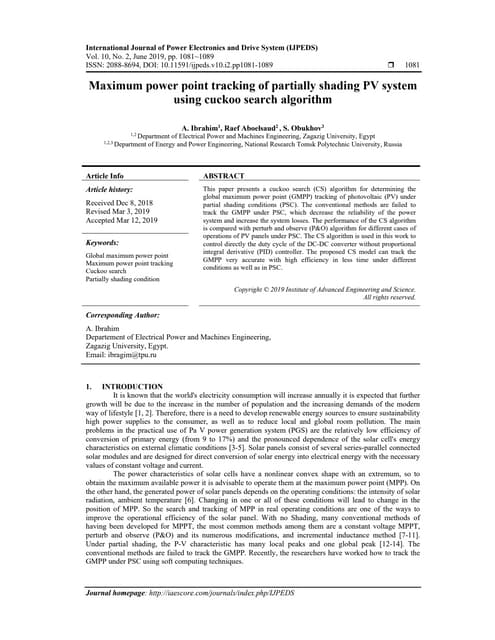 Simulation and analysis of perturb and observe mppt algorithm for array using cuk converter | PDF