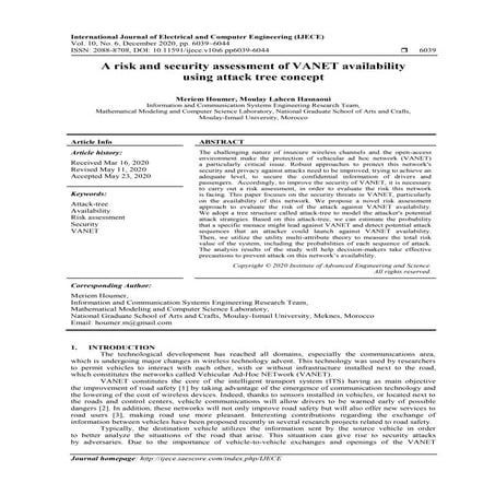 A Risk And Security Assessment Of Vanet Availability Using Attack Tree