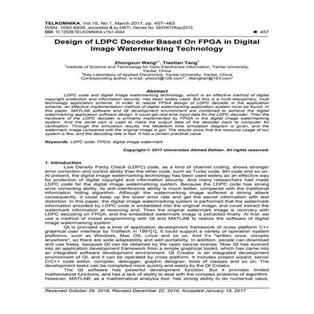 Design Of Ldpc Decoder Based On Fpga In Digital Image Watermarking Technology Pdf