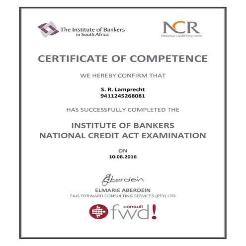 NCA Certificate - SR Lamprecht | PDF