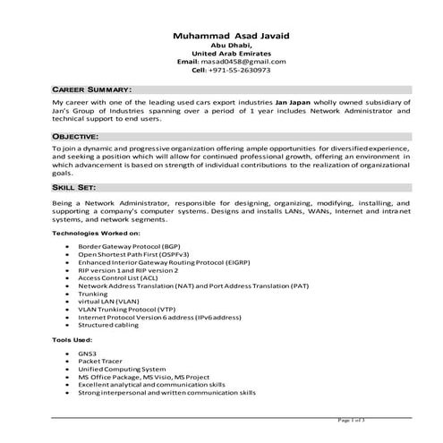 Asad Javaid Network Administrator CV | DOCX | Computer Networking ...