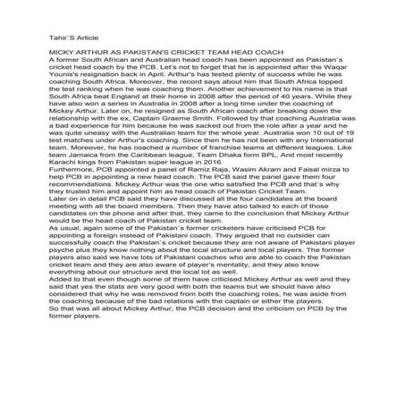 MICKY ARTHUR AS PAKSITAN.Coach | PDF