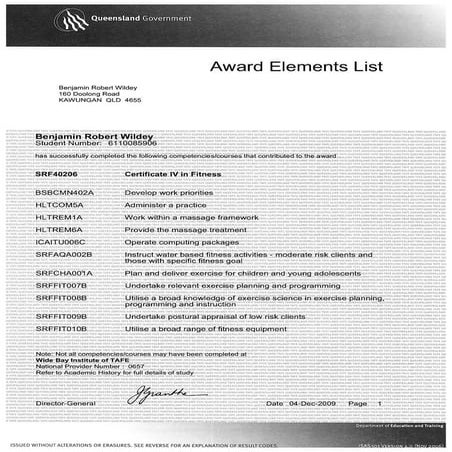 Certificate IV in Fitness SRF40206 TAFE Transcript P1 | PDF