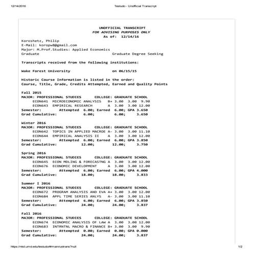 UMD Unofficial Transcript | PDF | Undergraduate Education | College Education