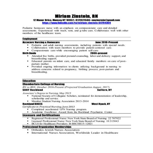 Miriam Zinstein, RN Resume | DOCX | Healthcare Industry | Industries