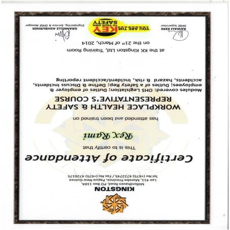 WORKPLACE HEALTH & SAFETY REP. CERTIFICATE | PDF