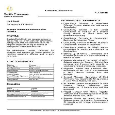 Henk Smith_Mini CV_Smith Overseas | PDF