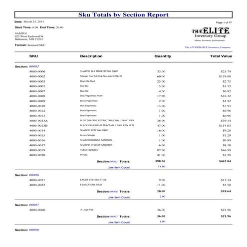 Sample SKU section totals report | PDF