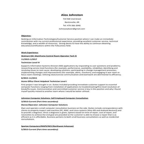 Alex Johnston Resume (JAN 2017) + MAPS info + Current Address | RTF