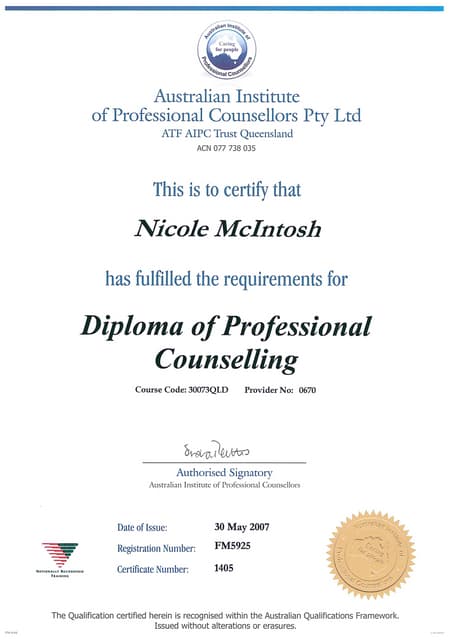 Australian Counselling Association Certificate | PDF