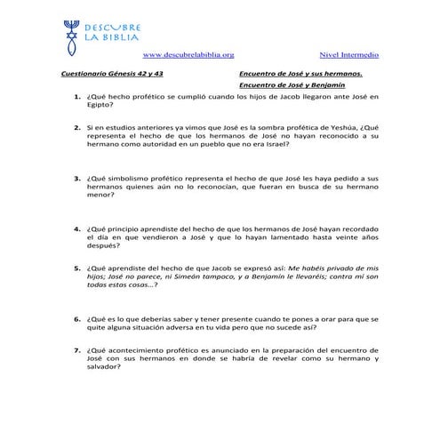55. cuestionario génesis 42 y 43 encuentro de josé y sus hermanos | PDF