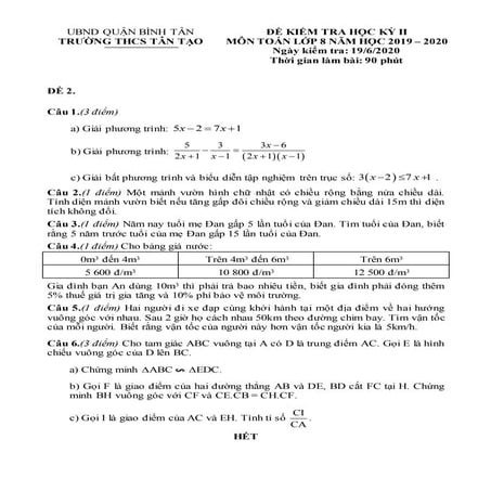 Đề Thi HK2 Toán 8 - THCS Tân Tạo | PDF