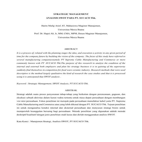 STRATEGIC MANAGEMENT : ANALISIS SWOT PT SUCACO Tbk. Harits Mufqi Arief ...