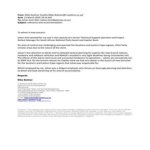 Recommendation Mike Buttner VP T Systems | PDF