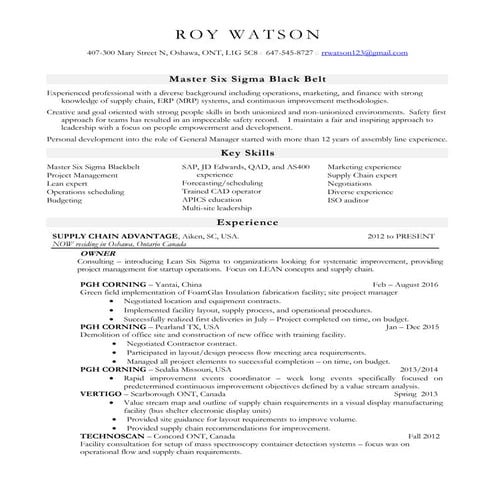 Roy Watson Resume LSSBB CPIM | DOC