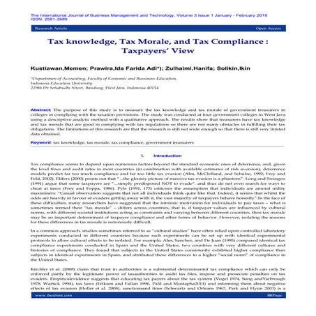 Tax knowledge, Tax Morale, and Tax Compliance : Taxpayers’ View | PDF